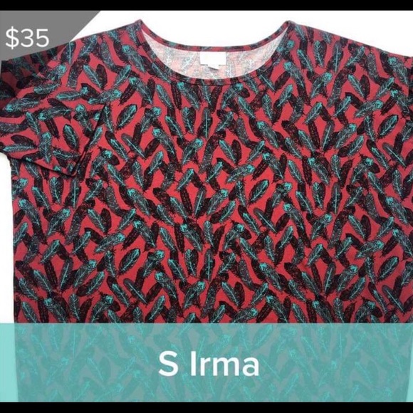 LuLaRoe | Tops | Small Irma Tunic Gorgeous Feathers Red Teal Black ...